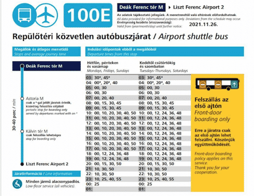 Ligne de bus 100E aéroport de Budapest - centre ville